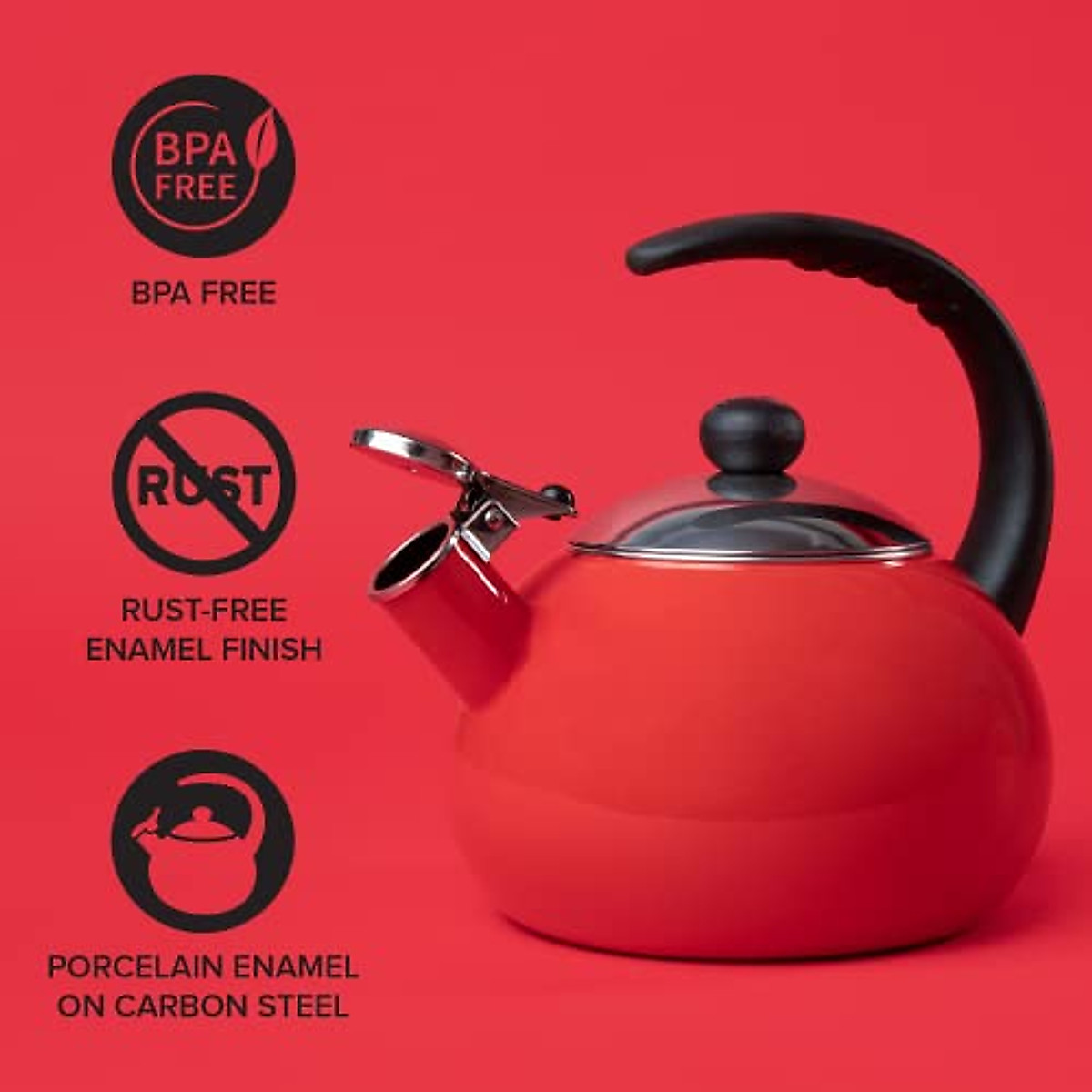 Farberware Luna Water Kettle, Whistling Tea Pot, Works For All Stovetops, Porcelain Enamel on Carbon Steel, BPA-Free, Rust-Proof, Stay Cool Handle, 2.5qt (10 Cups) Capacity (Red)