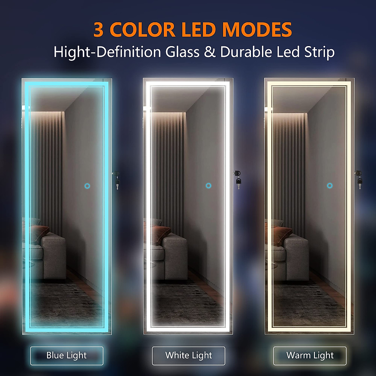 Vlsrka Jewelry Mirror Cabinet with LED Lights, Wall Mounted/Door Hanging Full-Length Jewelry Mirror, Lockable Storage Cabinet, Built-in Makeup Mirror for Bedroom Cloakroom (White)