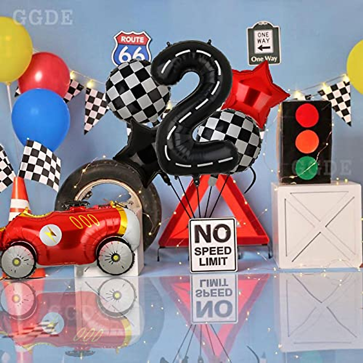 Race Car Balloons 40 Inch Racetrack Number Balloon 2 Black Baby Shower Boys Two Fast Birthday Race Car Theme Party Decor Supplies Mylar Checkered Flag Latex Balloon 10 Pcs