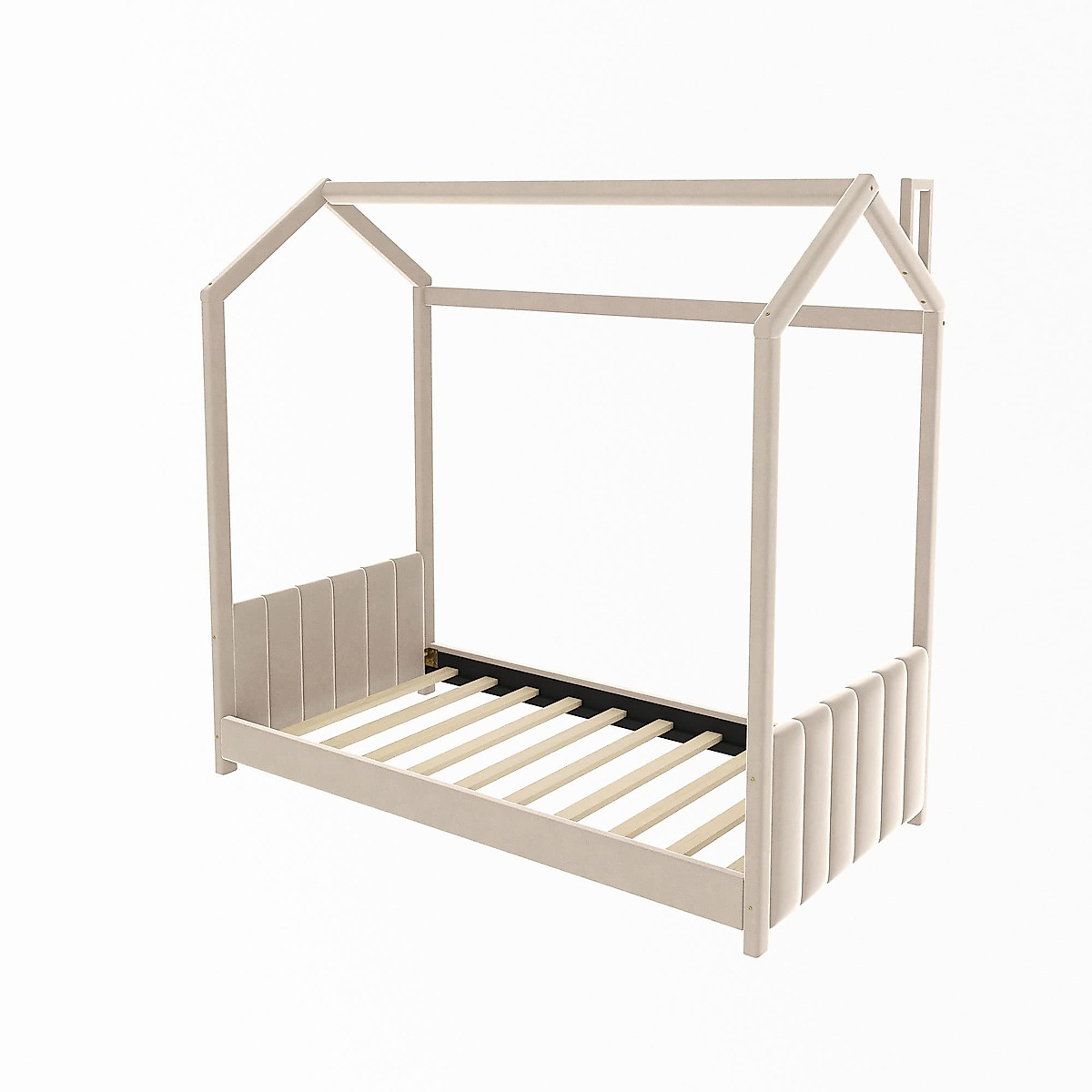 Harper & Bright Designs Twin House Bed for Kids, Montessori Floor Bed Twin Platform Bed with Headboard and Footboard, Velvet Twin Bed with Roof for Girls Boys, No Box Spring Needed (Velvet Beige)