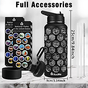 XccMe National Parks Water Bottle with Stickers,32 oz Insulated Stainless Steel Water Bottle with 2 Lids,Straws,Silicone Boot,Waterproof Stickers,Travel Vacuum Sealed Water Bottle,Leak Proof (Black)