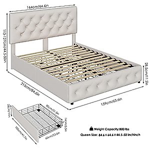 Queen Bed Frame with 4 Storage Drawers and Adjustable Headboard, Upholstered Platform Bed with Button Tufted Design, Strong Wooden Slats Support, No Box Spring Needed, Fabric, Cream