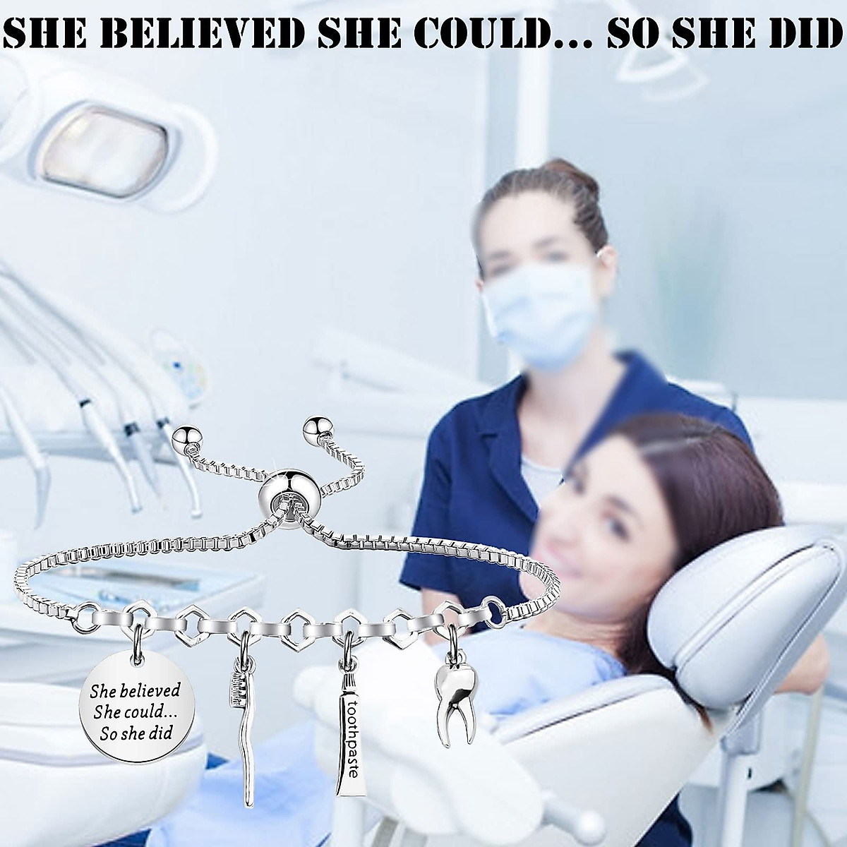 PLITI Dentist Bracelet Dental Hygienist DA DH Graduation Gift She Believed She Could So She Did Bangle for Dental Assistant (she believed tooth bg)