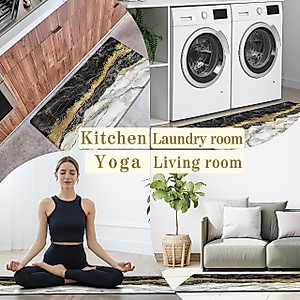 Black Gold Marble Kitchen Mat and Rugs 2 Pieces Anti Fatigue Cushioned Kitchen Floor Mat Non-Slip Leather Kitchen Mats Set for Home Office Laundry