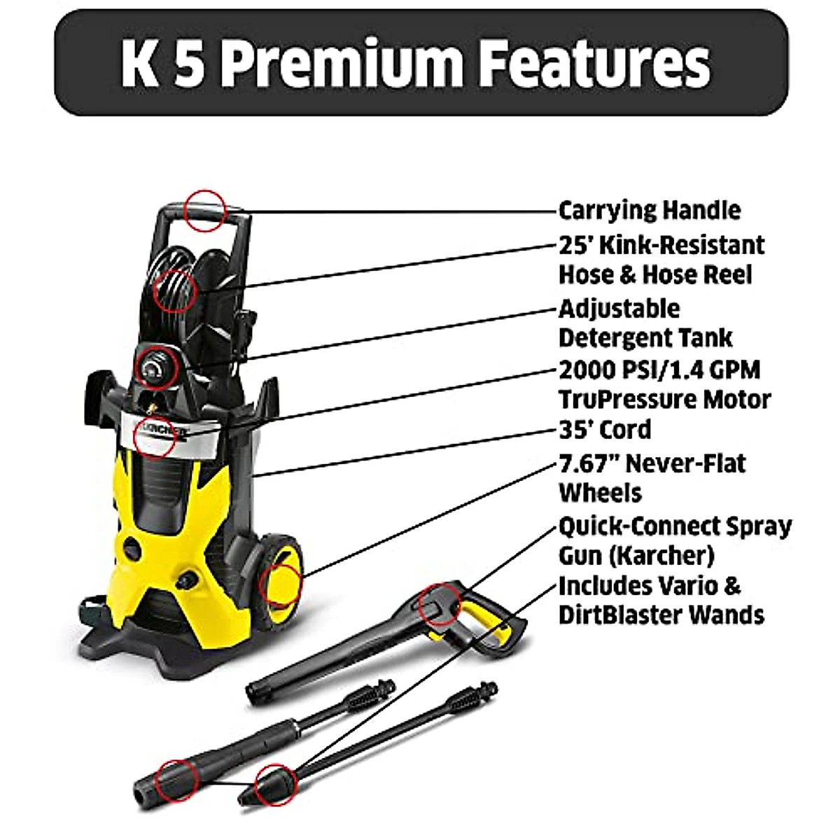 Kärcher K5 Premium Electric Pressure Washer 2000 PSI - with Vario Power & Dirtblaster Wands, Pressurized Hose Reel - 1.4 GPM