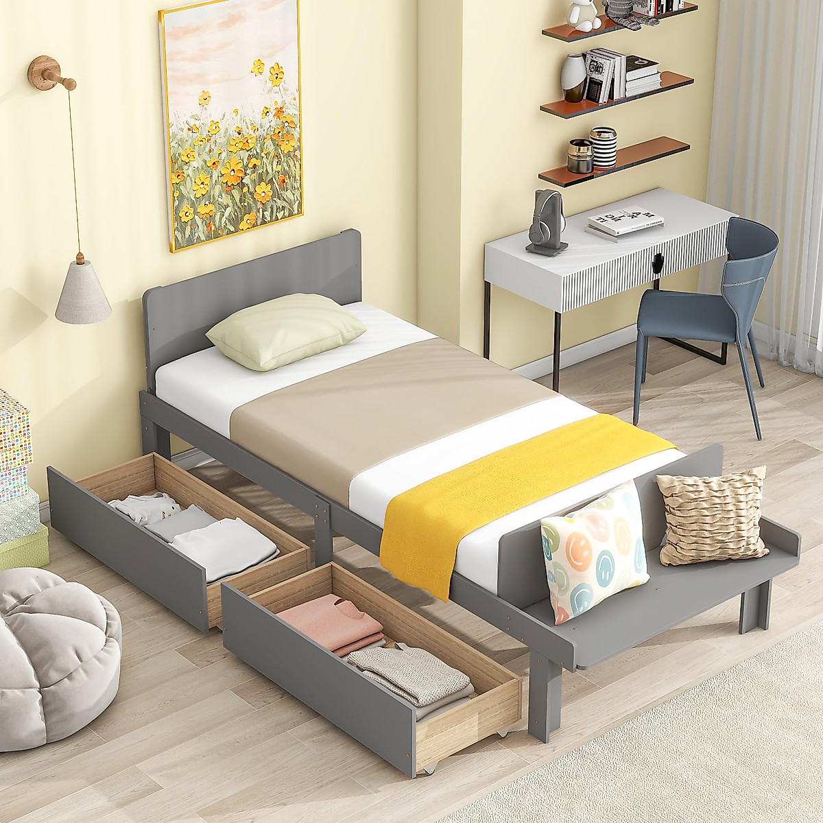 Twin Bed Frame, Wood Platform Bed with Storage, Twin Size Bed Frames with Wood Slat Support for Kids, No Box Spring Needed, Gray