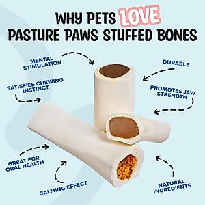 Pasture Paws Stuffed Shin Bones for Dogs | Peanut Butter Filled Dog Bones for Large, Medium and Small Breeds | Highly Irresistible Puppy Chew Bones | 2” to 3" All Natural Dog Bones | Pack of 6