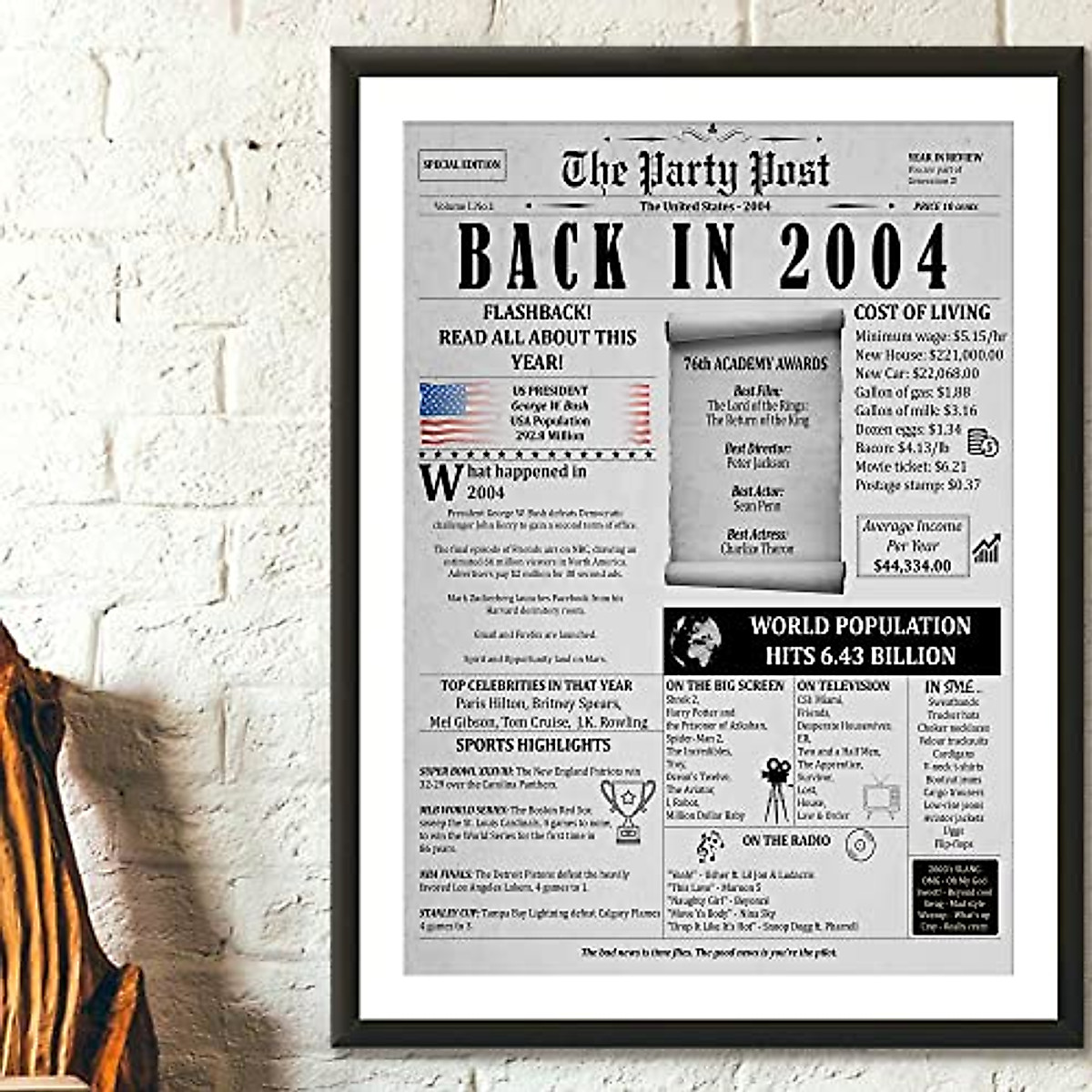 19th Birthday Party Decorations Poster - 19 Years Ago Anniversary Card for Women and Men. Back In 2004 Home Decor Supplies for Her or Him Turning 19 Years Old. 11 x 14 In Birthday Retro Card.