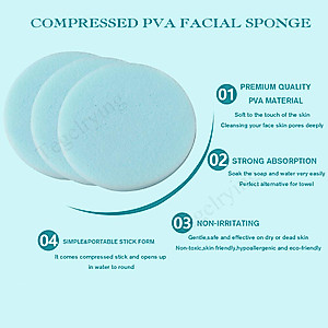 Facial Sponge Compressed,60 Pcs PVA Professional Makeup Removal Wash Round Face Sponges Spa Pads Exfoliating Cleansing for Women,Blue