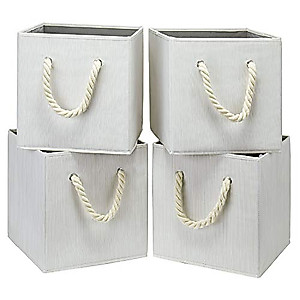 i BKGOO Foldable Storage Cube Bins Beige-White Bamboo Fabric Collapsible Resistant Basket Box Organizer with Cotton Rope Handle for Home Office and Nursery 10.5x10.5x11 inch
