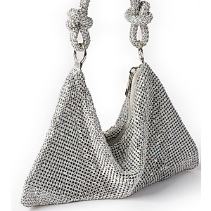 RichCoco Rhinestone Evening Purses for Women Hobo Bags Chic Sparkly Crystal Cluth Purse Bling Shiny Handbag for Party Club (Silver)