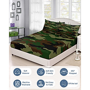 Military Camouflage Forest Camo Fitted Sheet Set for King Size Bed 3 Pieces Bedding Sheets-Deep Pocket Bedsheet Fits Mattress Upto 16",2 Pillow Cases Bedroom Decor American Army