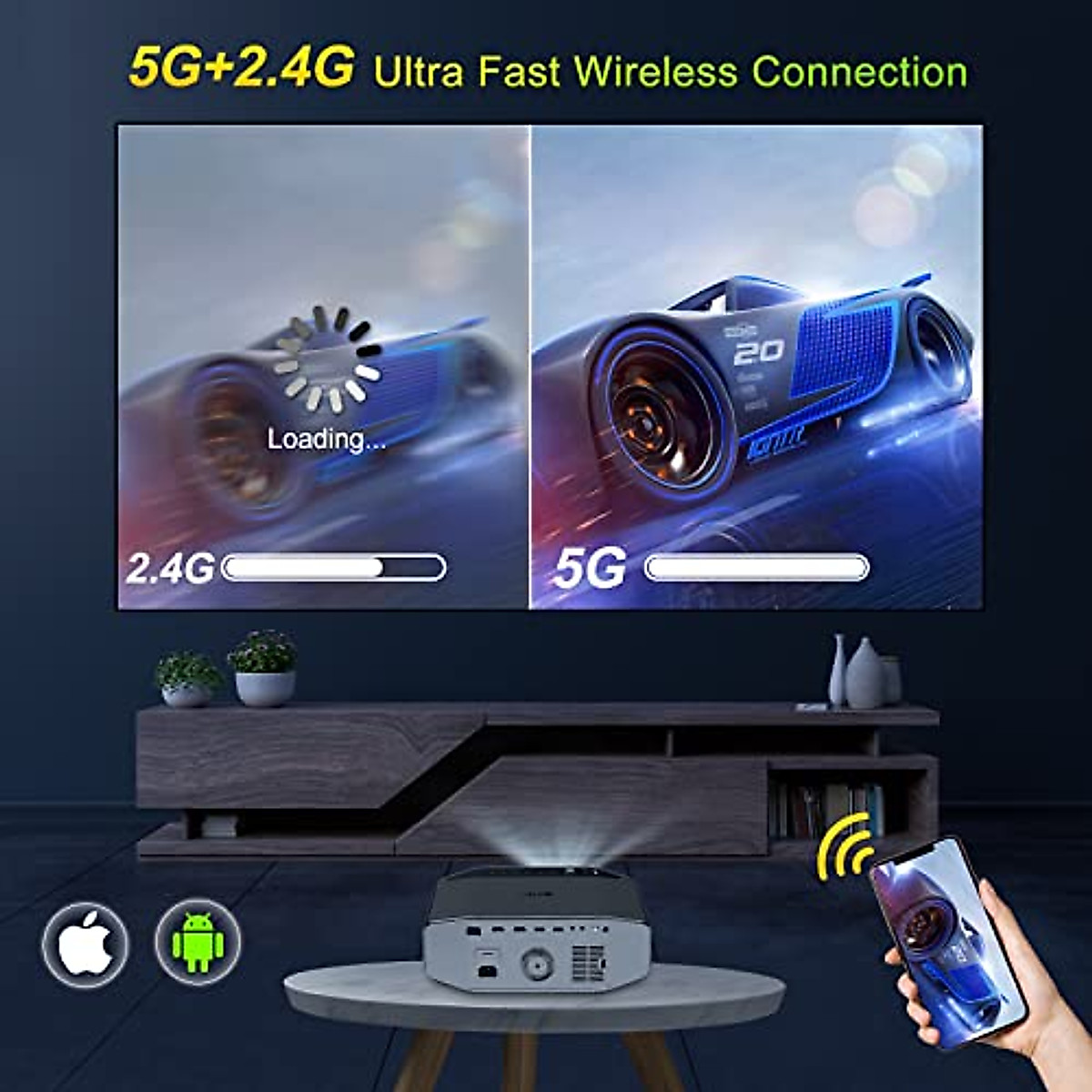 5G WiFi Bluetooth Projector, Artlii Energon 2 Full HD Native 1080P Outdoor Projector 4K Supported with Artlii 120 inch 4K HD 16:9 Wrinkle-Free Outdoor Portable Projector Screen with Stand