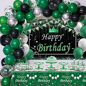 Birthday Decorations for Men Women, Green Black Birthday Party Decorations Happy Birthday Backdrop Banner Latex Confetti Balloons Disposable Tablecloth Boys Girls Bday Party Supplies