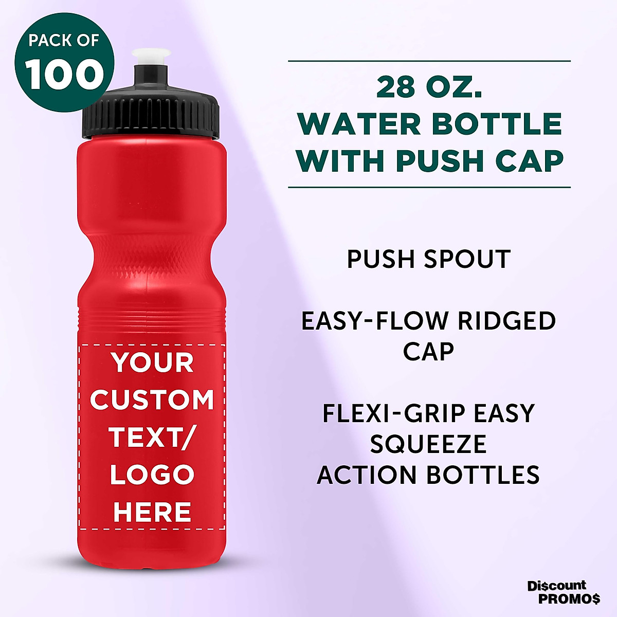 DISCOUNT PROMOS 28 oz. Custom Push Cap Plastic Water Bottles Set of 100, Personalized Bulk Pack - Perfect for Gym, Hiking, Camping, Outdoor Sports -Red