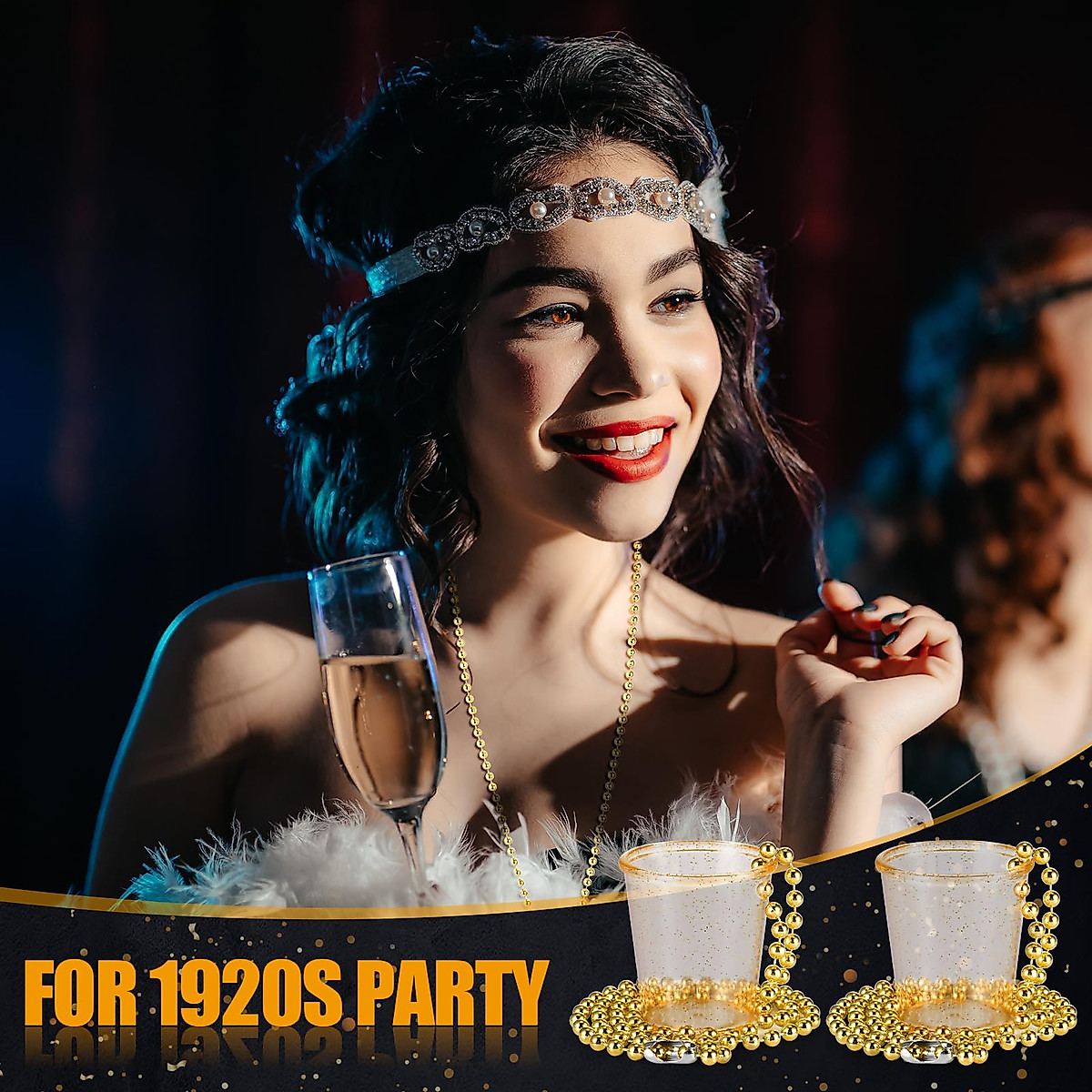 Misdary 12 Pcs Shot Glass on Beaded Necklace Gold Clear Shot Cups Disposable Plastic Shot Cups for Birthday Wedding Festival Parade Party Favor Groom Bride Supplies