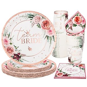 Qiaozeng 100Pcs Team Bridal Shower Party Supplies Bachelorette Paper Plates Napkins Cups Disposable Tableware Set, Bride Favors Decor for Engagement Wedding Bachelorette Party Serve 25 Guests