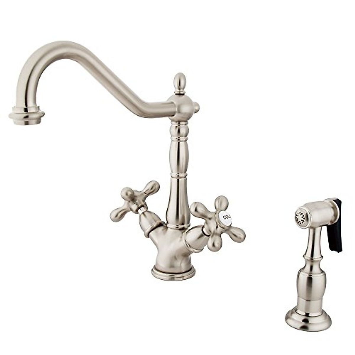 Kingston Brass Nuvo Elements of Design ES1238AXBS New Orleans 2-Handle Deck Mount Kitchen Faucet with Brass Sprayer, 8- 1/2', Satin Nickel
