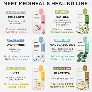 Mediheal Sheet Mask New Essential HERO 12 pack (Collagen, Tea Tree, Placenta, Madecassoside, Vita, Watermide)| Korean Skincare Facial Sheet Mask Combo
