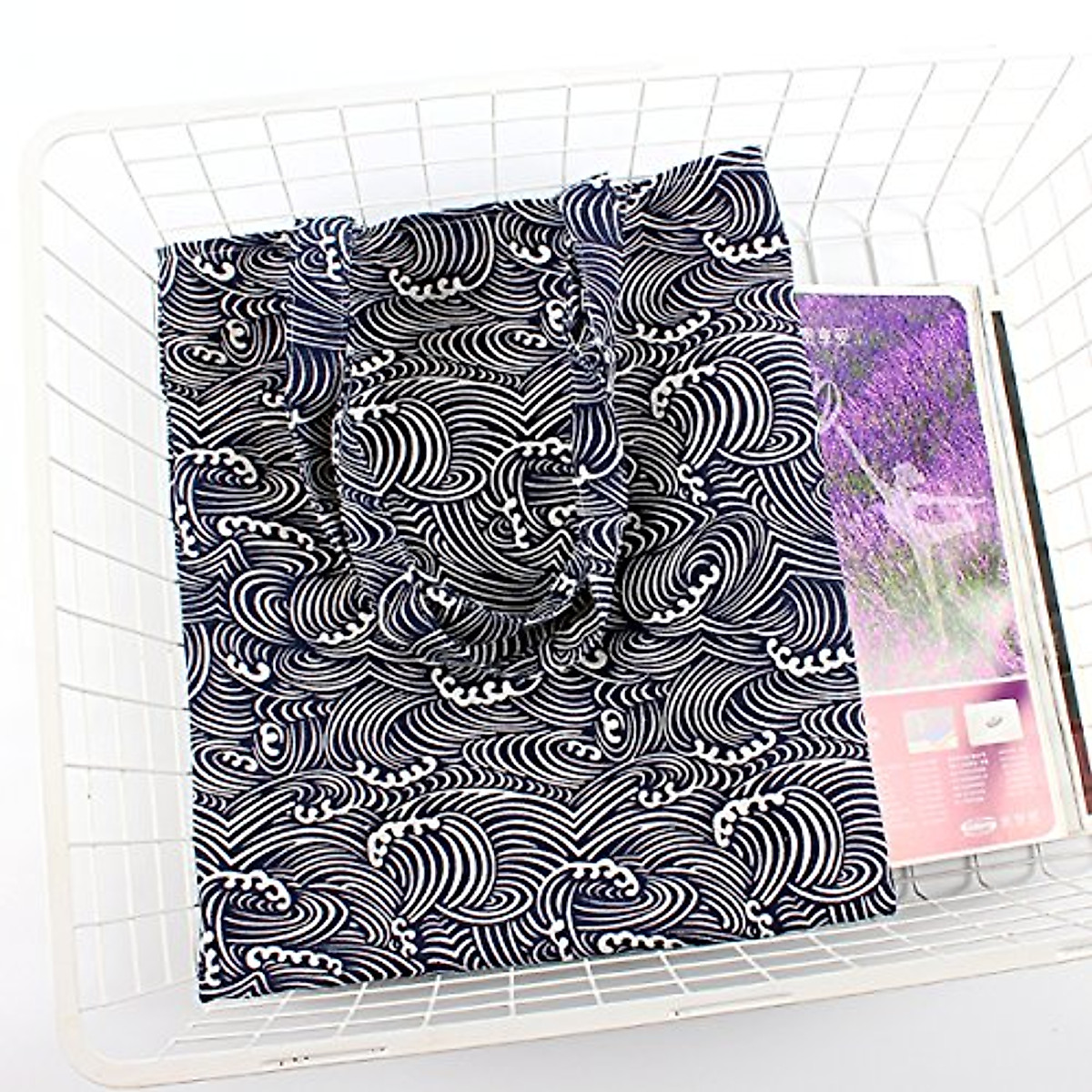 Chezi Japanese Pattern Cotton Canvas Tote Bag (wave/zip)