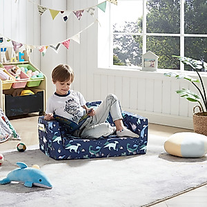 Ulax furniture Kids Fold Out Couch 2-in-1 Children Convertible Sofa to Lounger with Soft Plush Fabric(Navy Dinosaur)