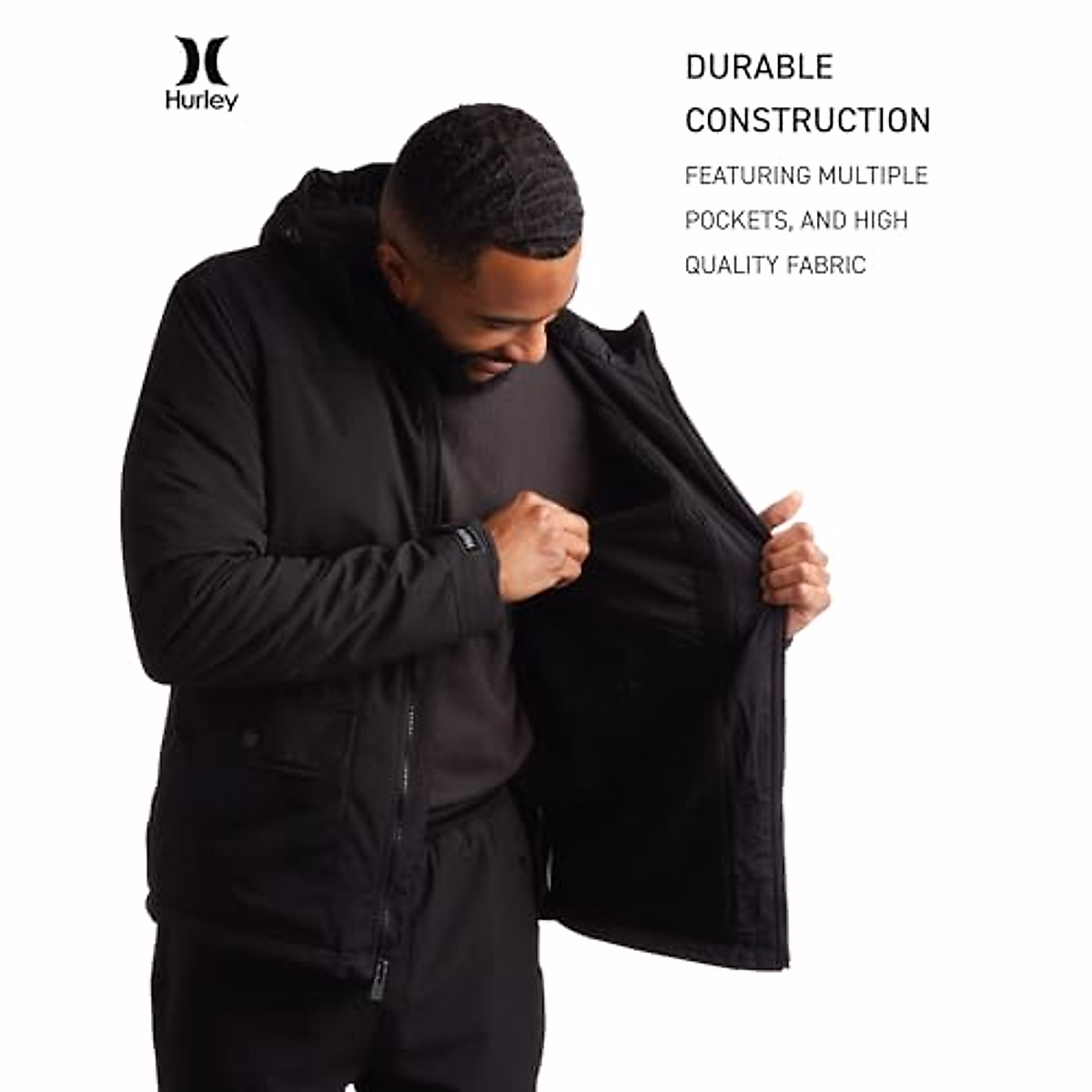 Hurley Men's Winter Jacket - Warm Sherpa Lined Outdoor Jacket with Multiple Pockets - Men's Zip Up Hooded Ski Jackets (S-XL), Size Large, Black