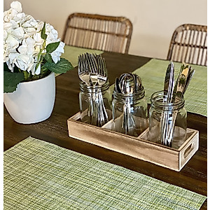 CB Accessories Mason Jar Glass Utensil Holder Flatware Caddy Silverware Organizer for Spoons, Knives and Forks with Rustic Wood Tray