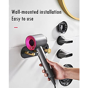AYIYAKE Hair Dryer Holder Adhesive No Drill Wall Mounted Aluminum Alloy Blow Dryer Rack Barbershop Saloon Fit for Most Hair Dryers（ Aluminum Black Gold