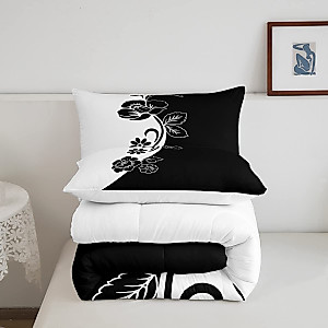 Castle Fairy Black and White Comforter Set,Modern Floral Bedding Set for Kids Girls Women,Adults Abstract Art Comforter,Yin and Yang Quilted Duvet Set Bedroom Collection Twin Size 2Pcs