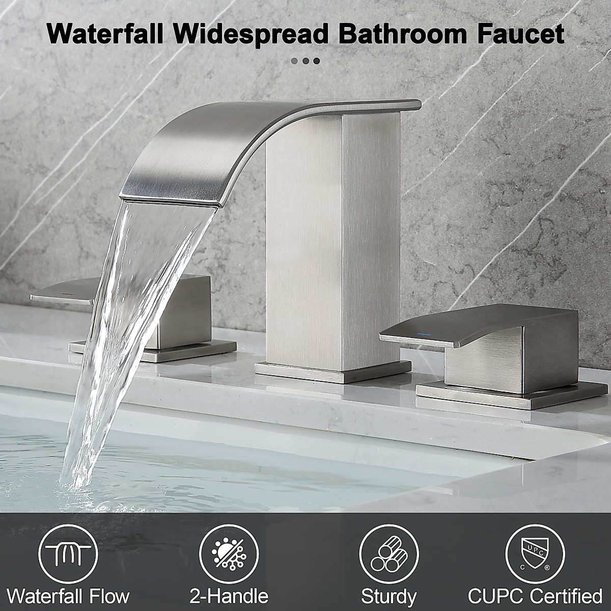 Brushed Nickel Waterfall Bathroom Faucet for Sink 3 Hole - Widespread, 2-Handles 8 Inch Modern Faucet for Bathroom Sink, Vanity Faucet with cUPC Supply Lines