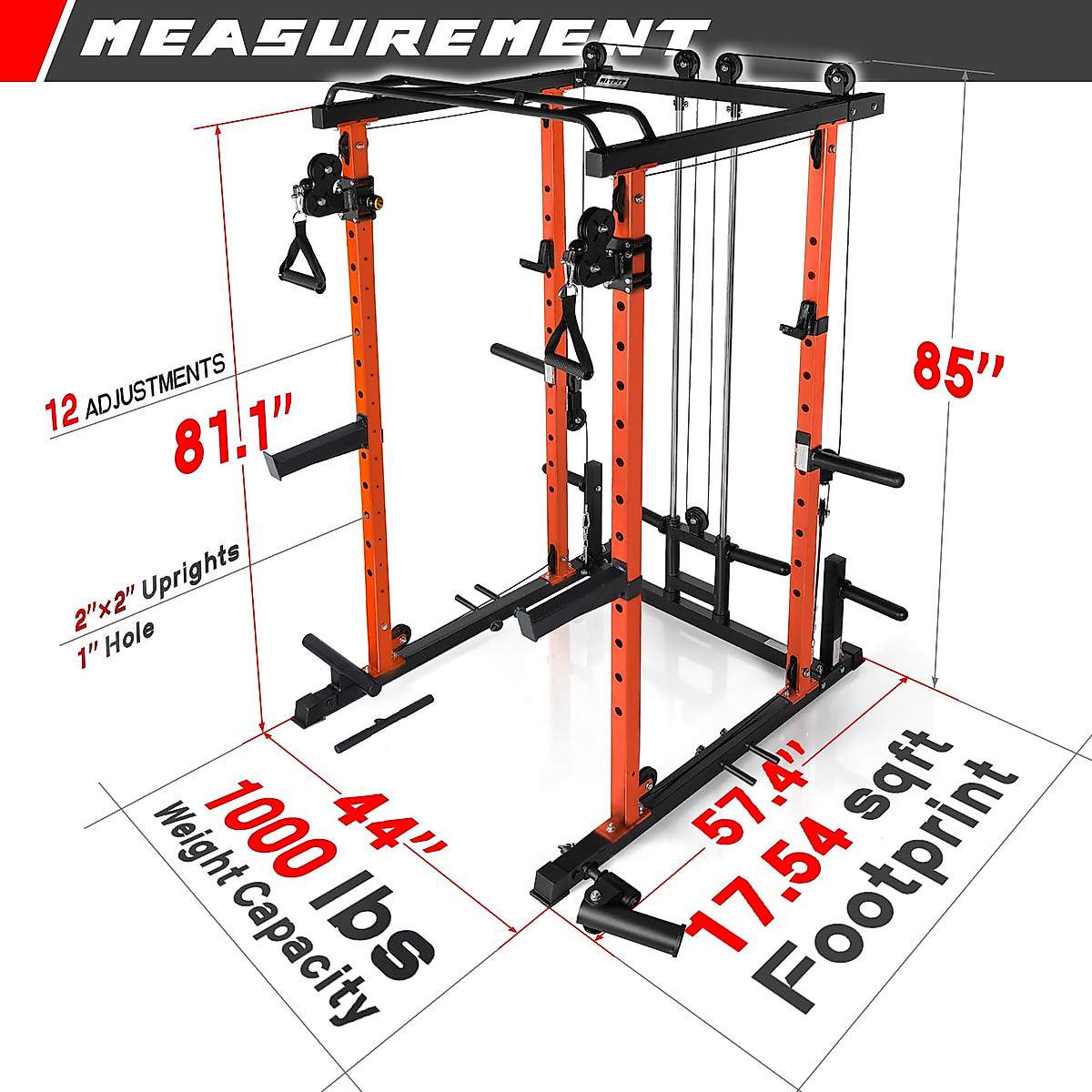 RitFit Squat Rack Power Cage Home Gym Package, Includes 1000LBS Power Rack with Cable Crossover System, Weight Bench, Weight Plate Set with Olympic Barbell (Package 1.6K (Bumper Plate 230LBS))-Orange
