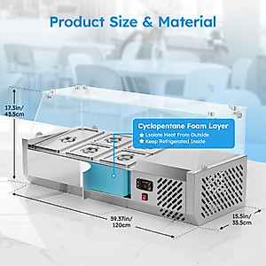 Mojgar Refrigerated Condiment Prep Station, 40 Inch Salad Bar Prep 304 Stainless Body, Sandwich Prep Table with 1 1/3 Pan & 4 1/6 Pans Tempered Glass Shield Auto Defrost