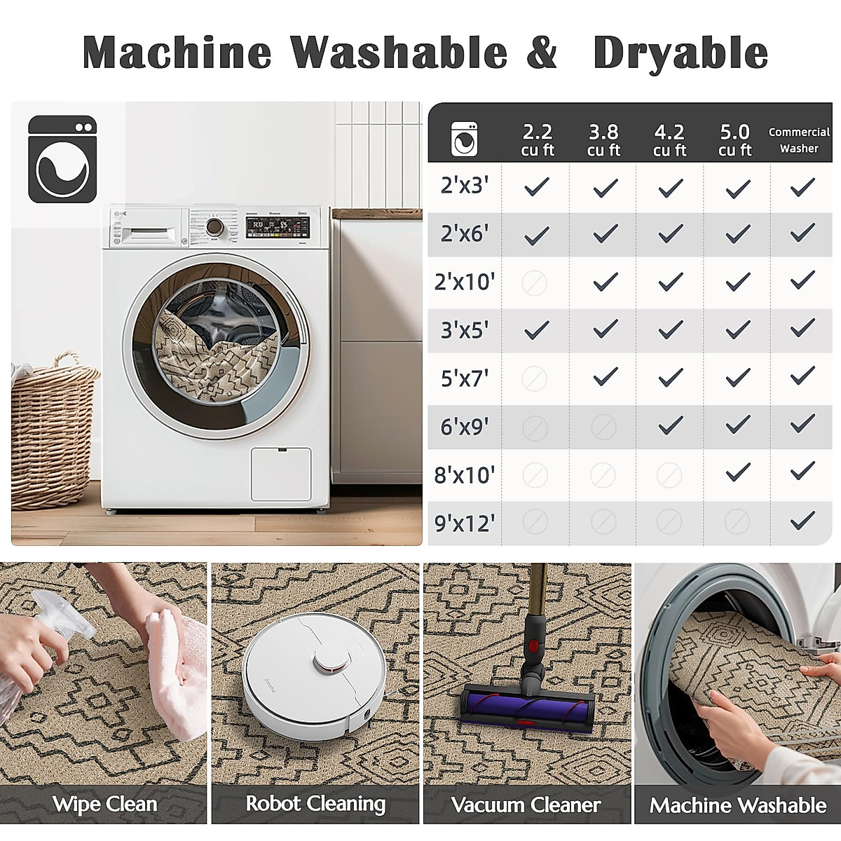 jinchan Area Rug 8x10 Boho Chic Jute Rug Recycled Indoor Outdoor Floor Cover Print Geometric Rug Black Foldable Large Accent Rug for Living Room Bedroom Dining Room Patio Garden