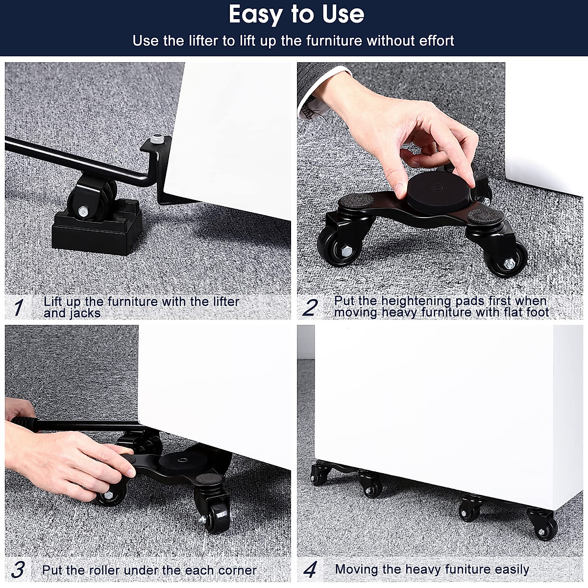 Furniture Mover 4-Pack Steel Tri-Dolly Set, 6-Inch, 132 lbs Load Capacity Each Pack, 3 Wheels Mover Dollys for Moving Heavy Furniture, Grand Piano Table