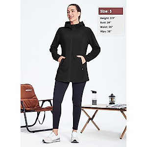 Willit Women's Long Fleece Jacket Full-Zip Thermal Fleece Hooded Jacket Lightweight Winter Coat Black L