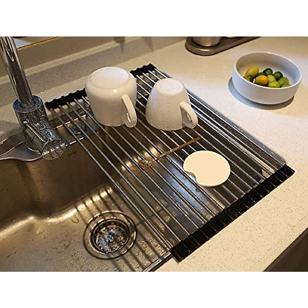 Roll up Dish Drying Rack Over The Sink Dish Drying Rack Portable Stainless Still Rolling Rack Folding Dish Drainer Sink Rack Mat Dish Drying Rack for Kitchen Sink Counter (17.8''LX11.2''W, Black)