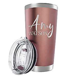 Personalized Tumbler with Engraved Name - 12 Designs, 20 Oz Coffee Tumbler with Slider Lid, Rose Gold, Double Wall Insulated - Custom Gifts for Women