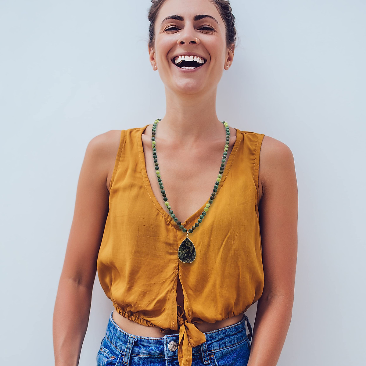 PEARLFECT Long Pendant Necklaces for Women/Men Trendy, 8MM Womens Beaded Jasper Necklaces,32 Inch Green Stone Bead BOHO Necklace Jewelry,Chunky Statement Necklace, Gemstone, Jasper