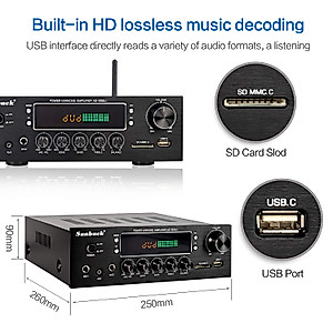 Wireless Bluetooth Home Audio Amplifier – 400W Dual Channel Home Theater Sound Compact Stereo Receiver System w/FM Radio, USB/SD, AUX, RCA, Mic in, Remote Control for Sweet Sound. (Sunbuck AS-90BU)