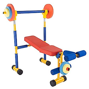 Hey! Play! Toy Bench and Leg Press – Children’s Play Workout Equipment for Beginner Exercise, Weightlifting, Powerlifting - for Boys and Girls, Brown (80-SH-04)