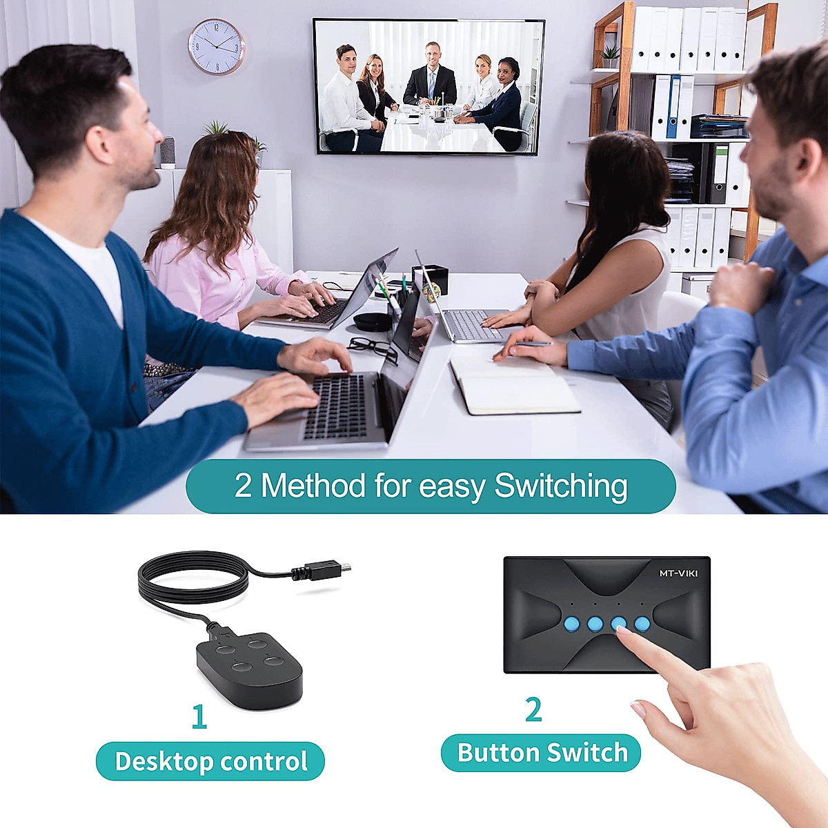 MT-VIKI KVM Switch 4 Port, HDMI KVM Switch for 4 Computers Share One HD 4K Monitor and 3 USB Devices Keyboard Mouse Printer, Including 4 KVM Cables and Wire-Desktop Controller