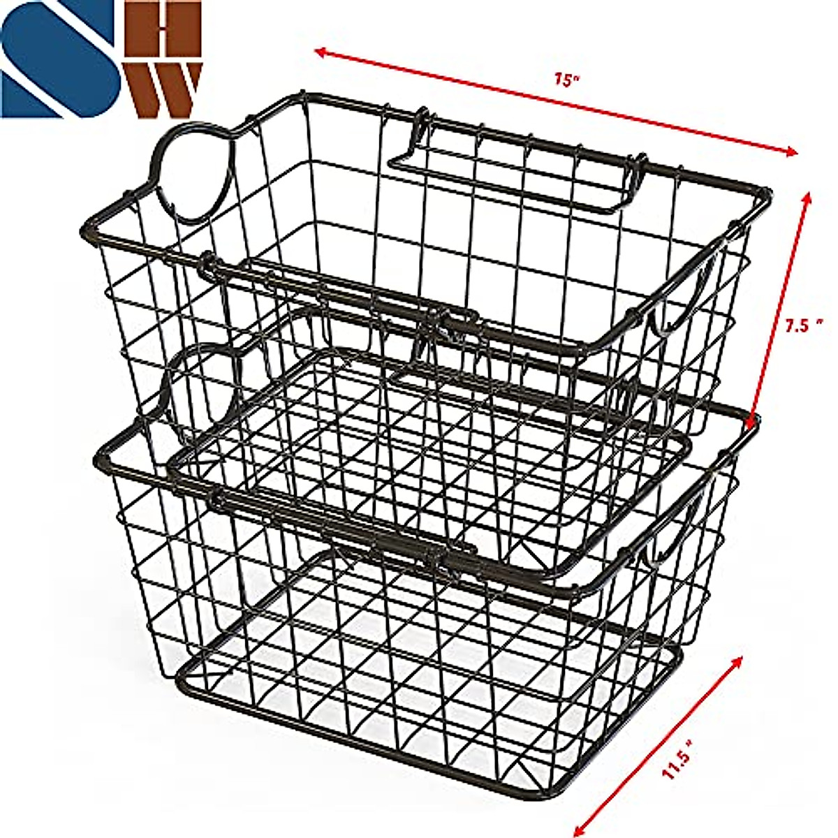 SimpleHouseware 2 Pack Stackable Single Wire Basket, (11.5 x 15 x 7.5 in)