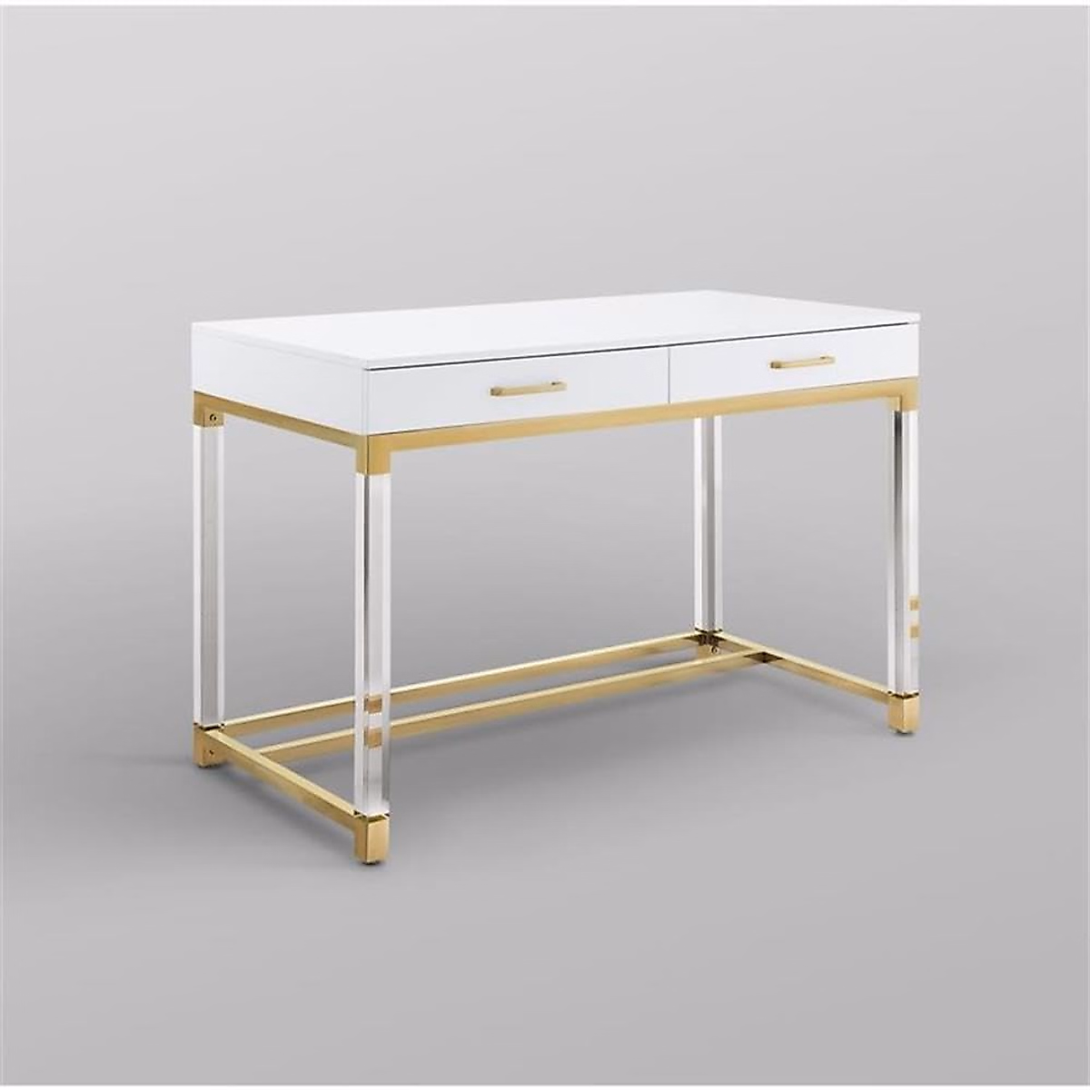 Posh Briar 2-Drawer Metal Writing Desk with Acrylic Legs in White/Gold