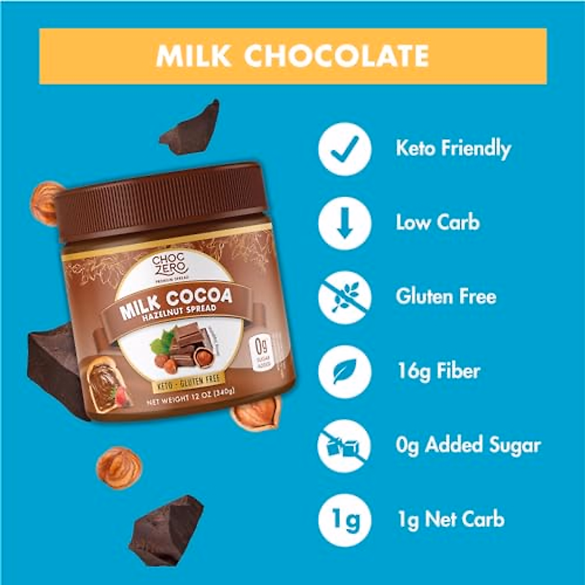 ChocZero Milk Chocolate Hazelnut Spread - Keto Friendly, No Sugar Added, Best Low Carb Dessert, Perfect Topping for Almond Flour Pancakes, Naturally Sweetened with Monk Fruit (1 jar, 12 oz)