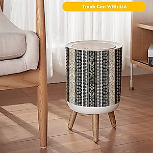 Small Trash Can with Lid Seamless Based on Ornament Paisley Bandana Print Vintage Style Silk Wood Legs Press Cover Garbage Bin Round Waste Bin Wastebasket for Kitchen Bathroom Office 7L/1.8 Gallon