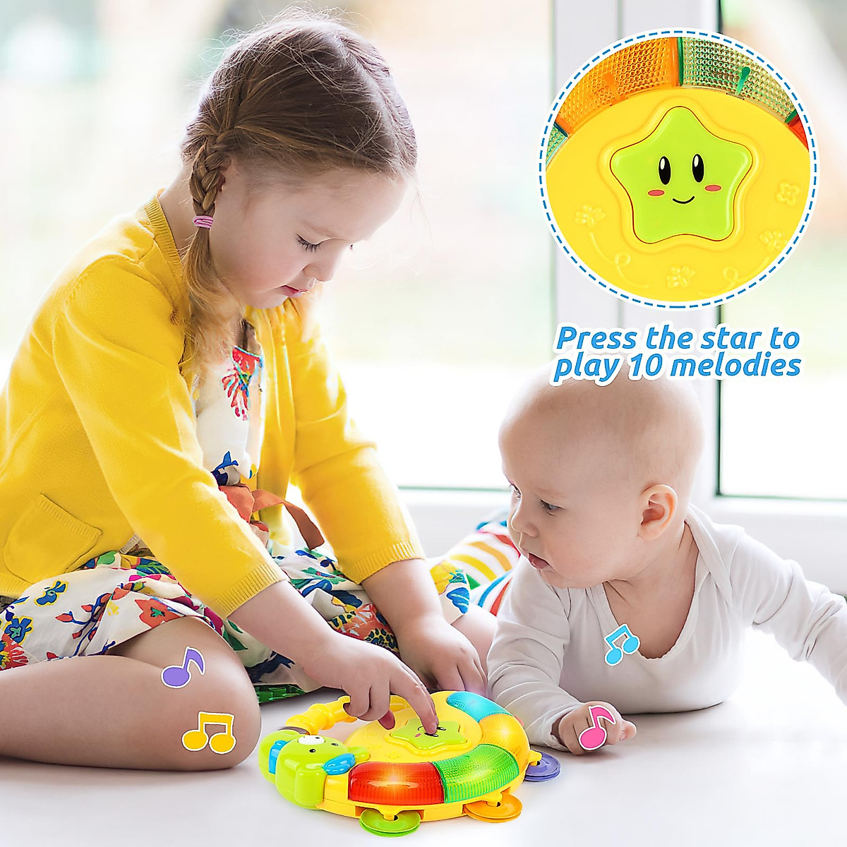 Baby Tambourine Toy with Music & Light,Toddlers Rattle,Musical Instruments,Light up Toy,Take Along,BPA Free,Ages 6-12 Months