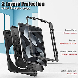 ZenRich iPad Air 5th Generation Case 2022, iPad Air 4th Generation 10.9 inch Case with Pencil Holder/Stand/Hand Strap/Shoulder Belt, Shockproof Case for iPad Air 10.9'',Black