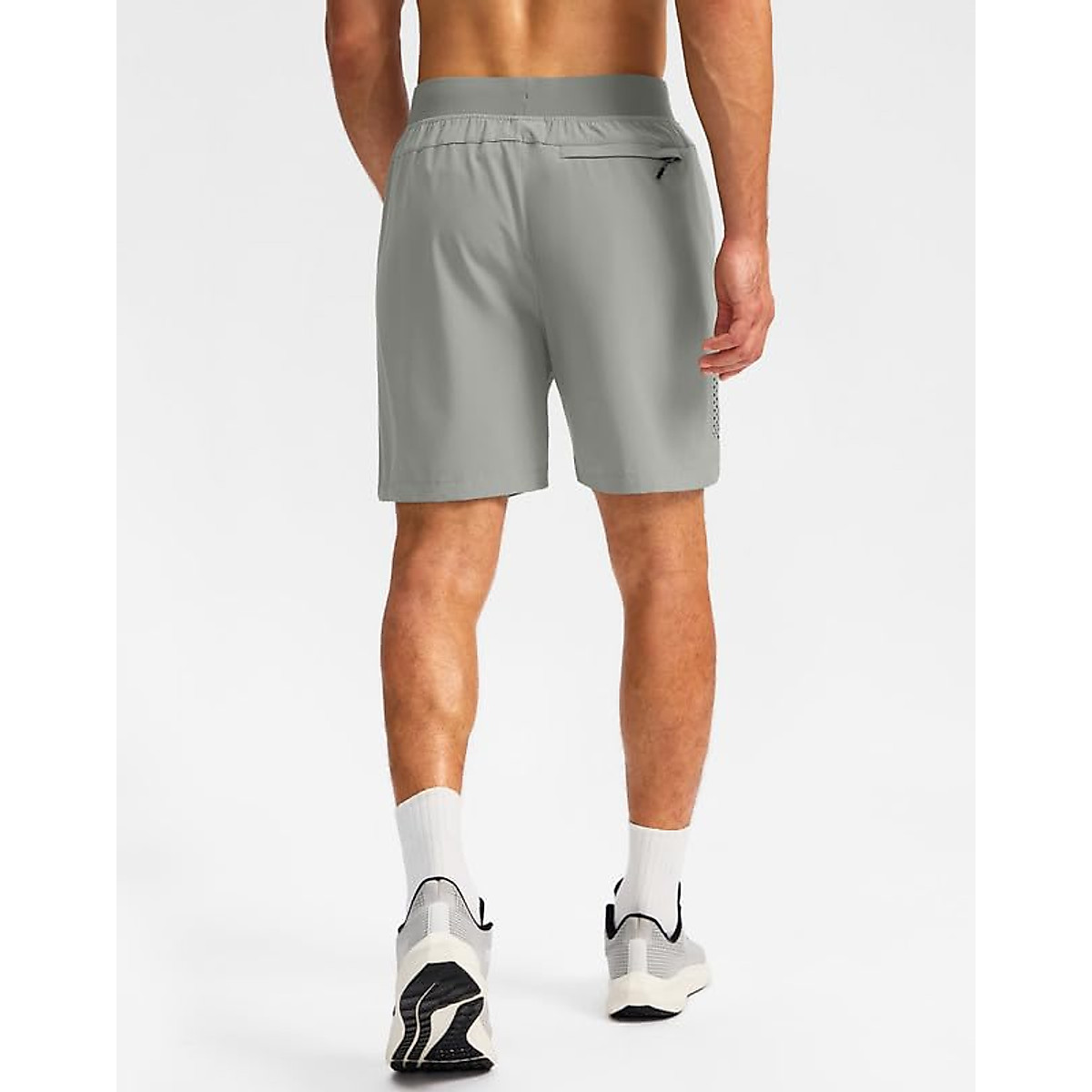 Pudolla Men's Workout Running Shorts with 3 Zipper Pockets Lightweight 7" Gym Shorts for Men Athletic Walking Hiking(Bright Grey Medium)