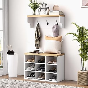 HOMCOM 2-in-1 Coat Rack Shoe Bench Set, 5-Hook Hall Tree with Bench and Shoe Storage for 9 Pairs of Shoes for Entryway, Hallway, White