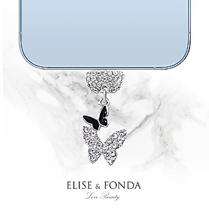 ELISE & FONDA CP553 USB Charging Port Crystal Anti Dust Plug Little Butterfly Phone Charm for iPhone 13/12/11/ XS MAX/XR/X/8 Plus/7/6S/8/SE iPad iPod (Black & White)